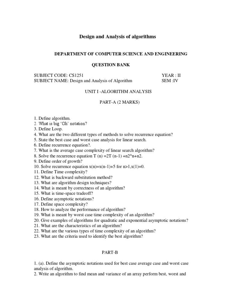 Design and Analysis of Algorithms: Question Bank | PDF | Computational Complexity Theory ...