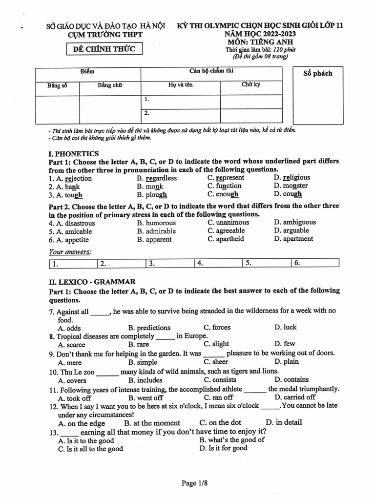 De+Dap An - Tieng Anh 11 | PDF