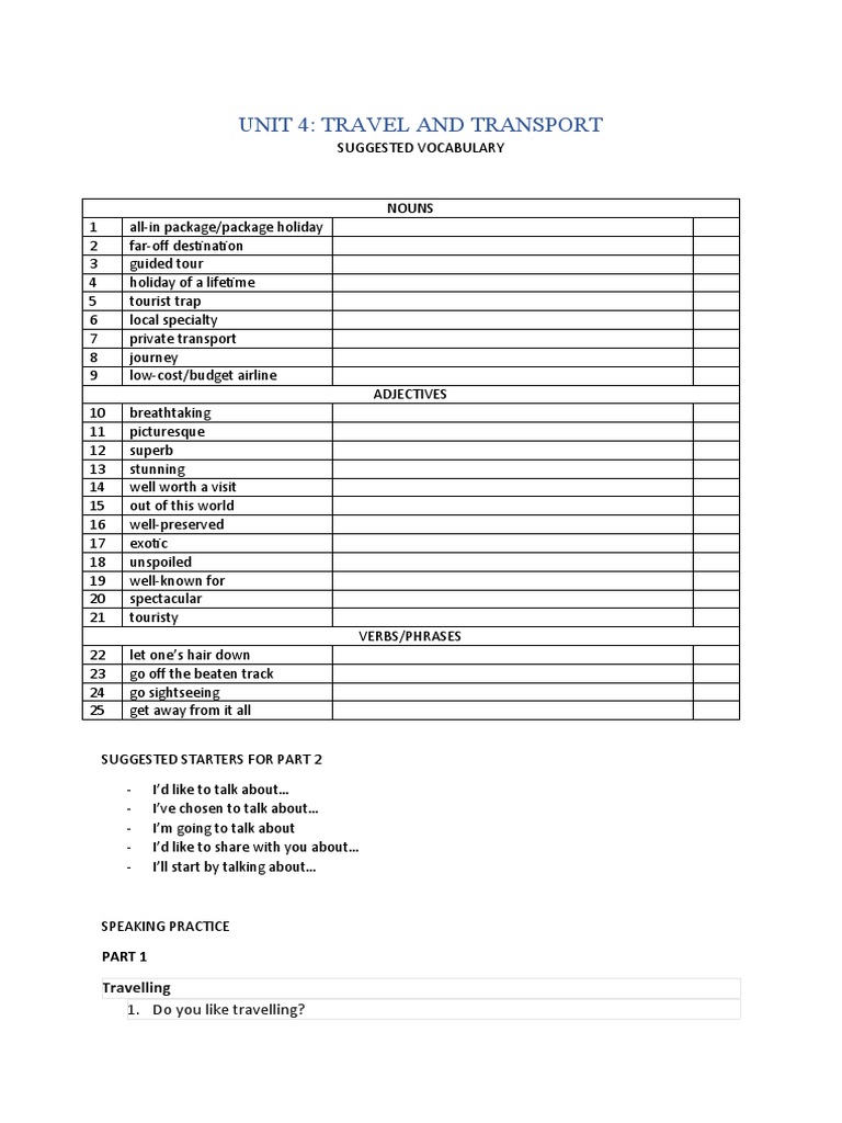 Travel and Transport Vocabulary Guide | PDF | Home & Garden