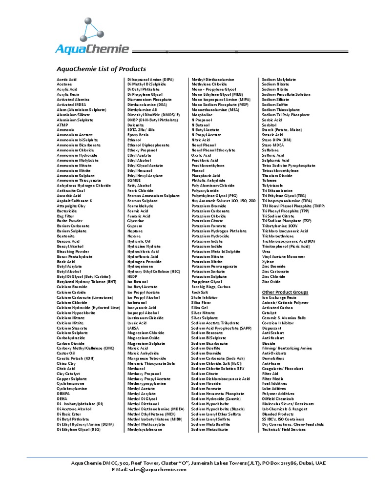AquaChemie List of Products | PDF | Sodium Hydroxide | Acetic Acid