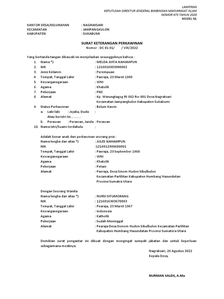Surat Keterangan Perkawinan: Model N1 | PDF