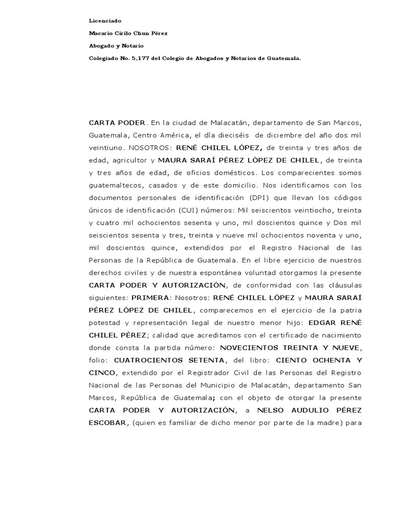 Carta Poder Reclamarmenor en Usa - Edgar René Chilel Pérez. Solo Firma Un Compareciente ...
