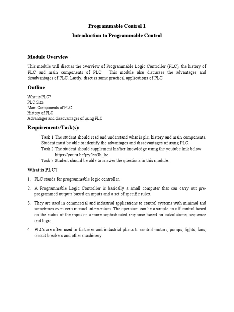 1 - Introduction To PLC - Programmable Control 1 | PDF | Programmable Logic Controller | Input ...