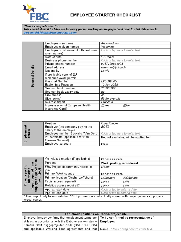 TEMPLATE - Employee Starter Checklist Rev3 | PDF | Employment | Business