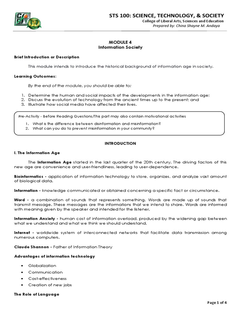 3q1gqu68w - STS 100 - MODULE Readings 4 - Information Society | PDF | Information | Science