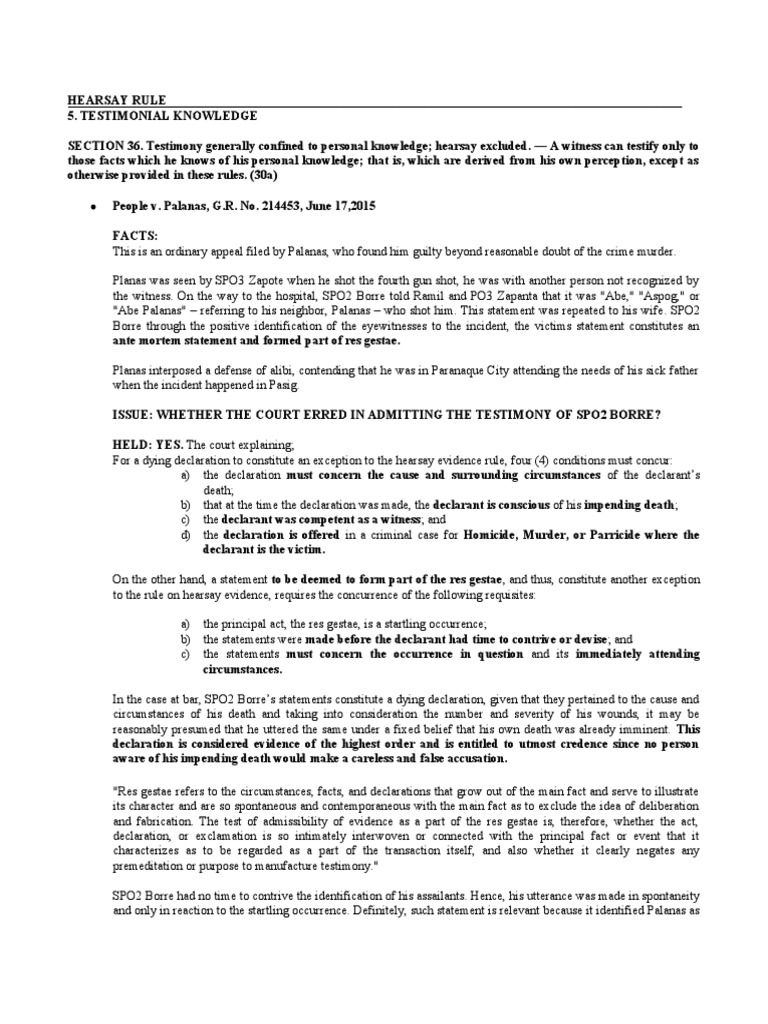 Hearsay Rule and Exceptions in Philippines | PDF | Deposition (Law ...