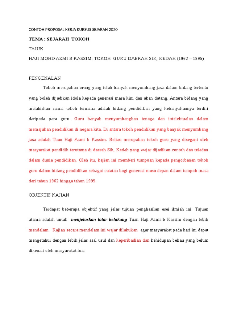 CONTOH PROPOSAL KERJA KURSUS SEJARAH Latest | PDF