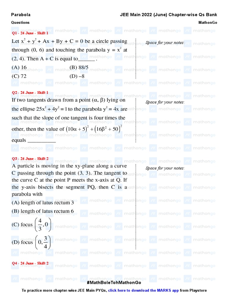 Parabola - JEE Main 2022 Chapter Wise Questions by MathonGo | PDF