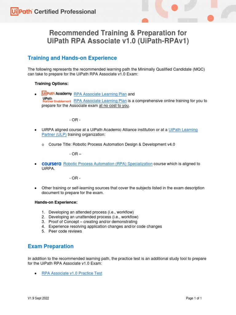UiPath Certified Professional - RPA Associate v1.0 Recommended Training ...