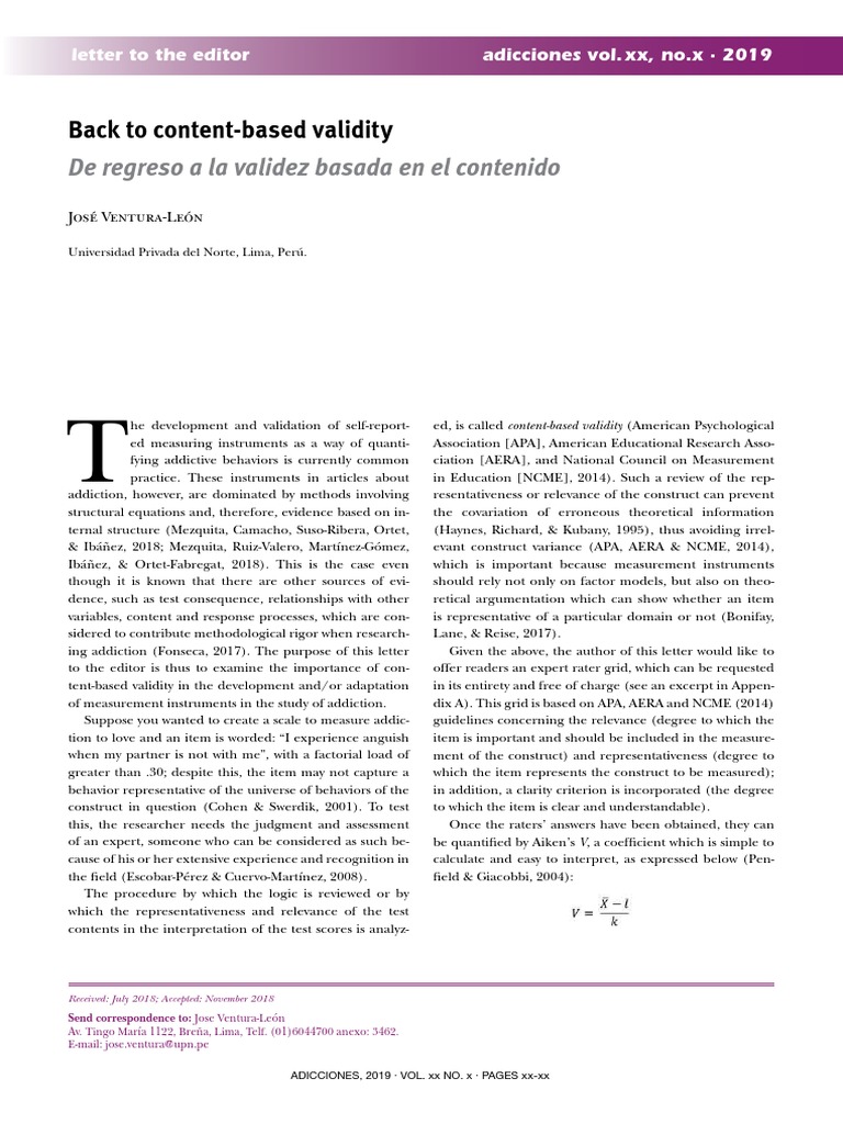Ventura Leon 2019 - Validez de Contenido (Aiken) | PDF | Validity (Statistics) | Cognition
