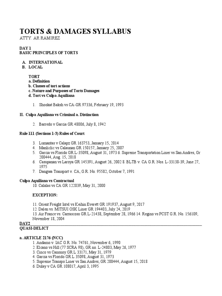Torts & Damages Syllabus | PDF | Tort | Justice