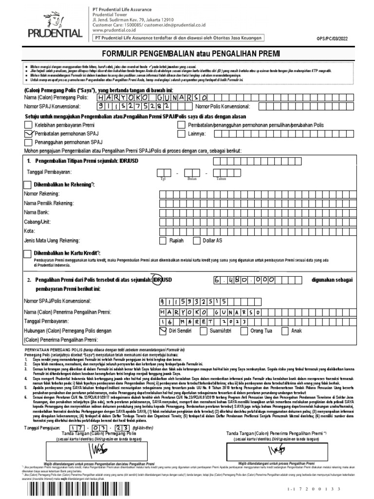 Formulir Pengembalian Atau Pengalihan Premi | PDF