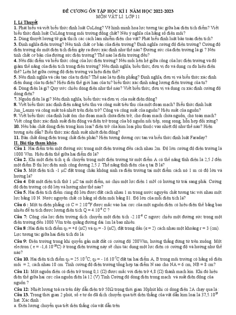 ĐỀ CƯƠNG ÔN TẬP HỌC KÌ I - k11- 2022-23 | PDF