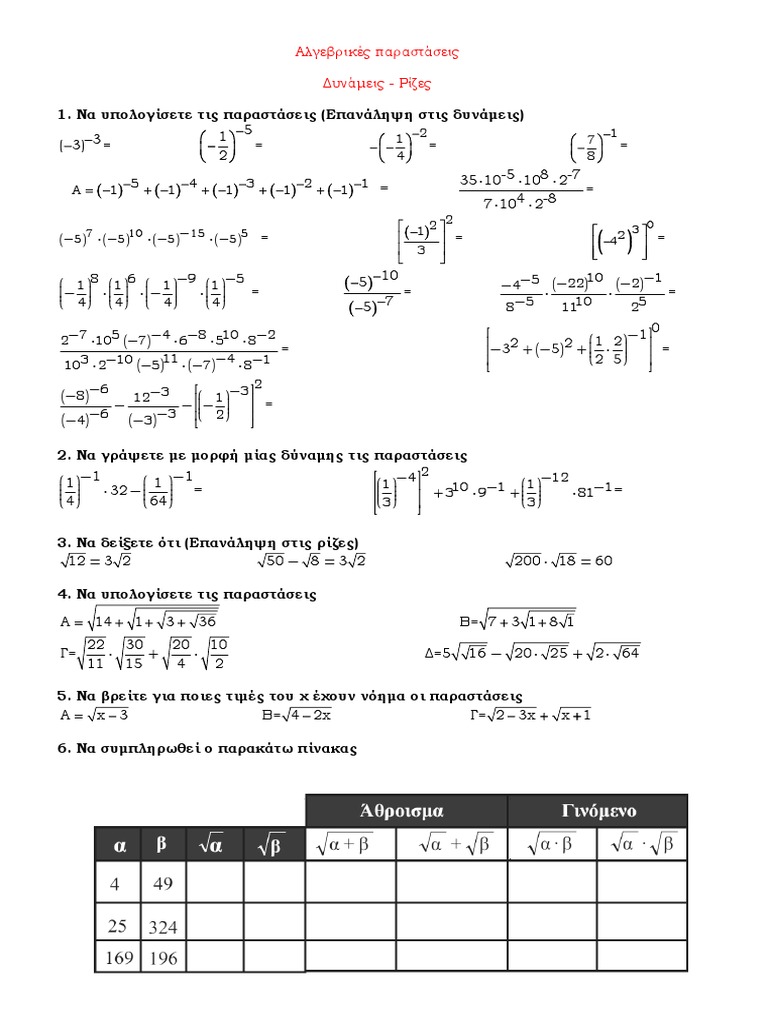 ΑΣΚΗΣΕΙΣ ΜΑΘΗΜΑΤΙΚΑ Γ ΓΥΜΝΑΣΙΟΥ ΑΛΓΕΒΡΙΚΕΣ ΠΑΡΑΣΤΑΣΕΙΣ | PDF