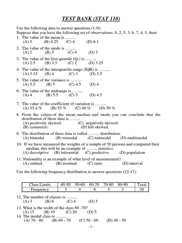 STAT 110 TEST BANK QUESTIONS | PDF | Skewness | Mode (Statistics)