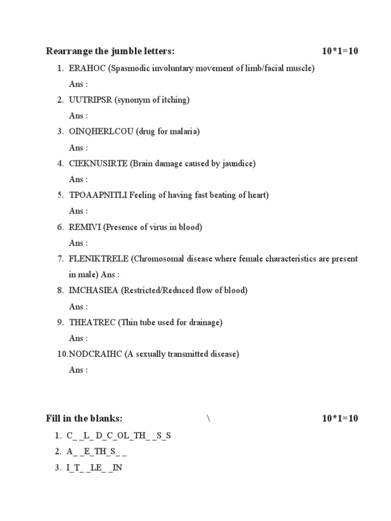 Rearrange The Jumble Letters: 10 1 10 | PDF | Causes Of Death ...