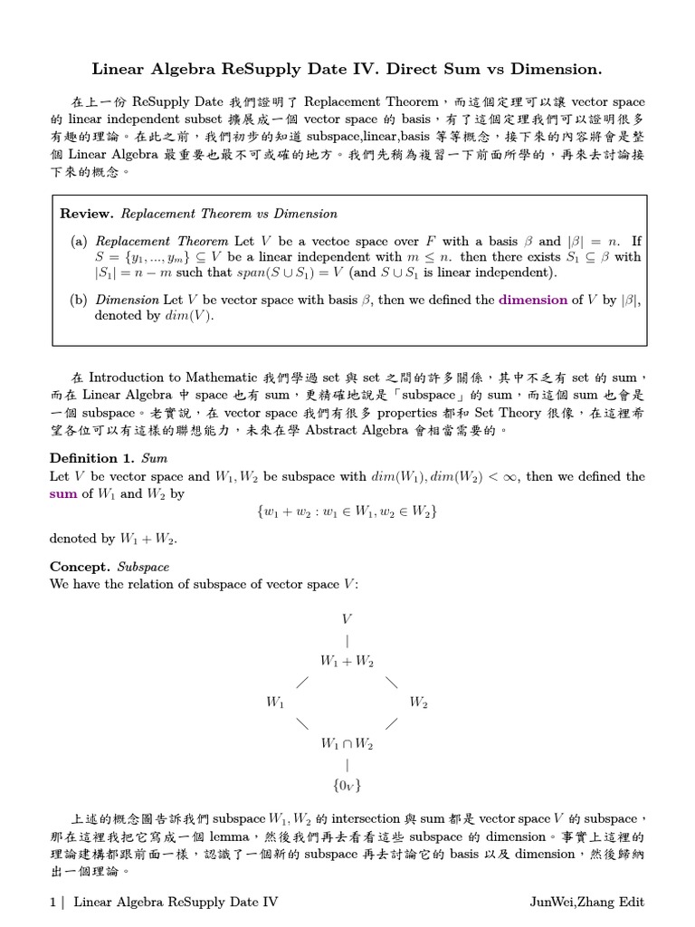 Linear Algebra Resupply Date Iv. Direct Sum Vs Dimension | PDF | Linear Subspace | Linear Map