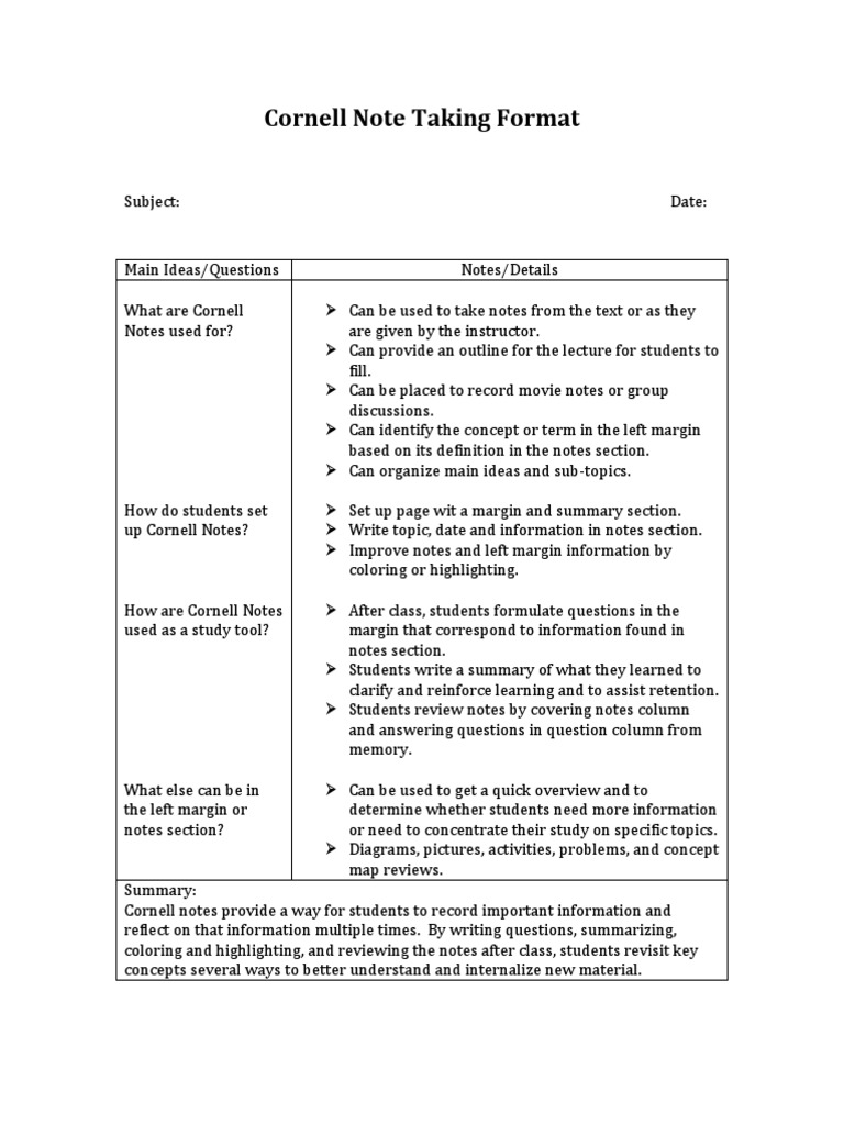 Cornell Note Taking Format | PDF