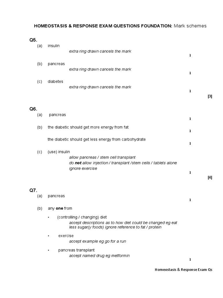 Homeostasis Response Exam Qs FOUNDATION Markscheme | PDF