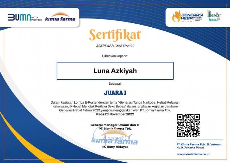 SERTIFIKAT LOMBA E-POSTER Luna Azkiyah | PDF