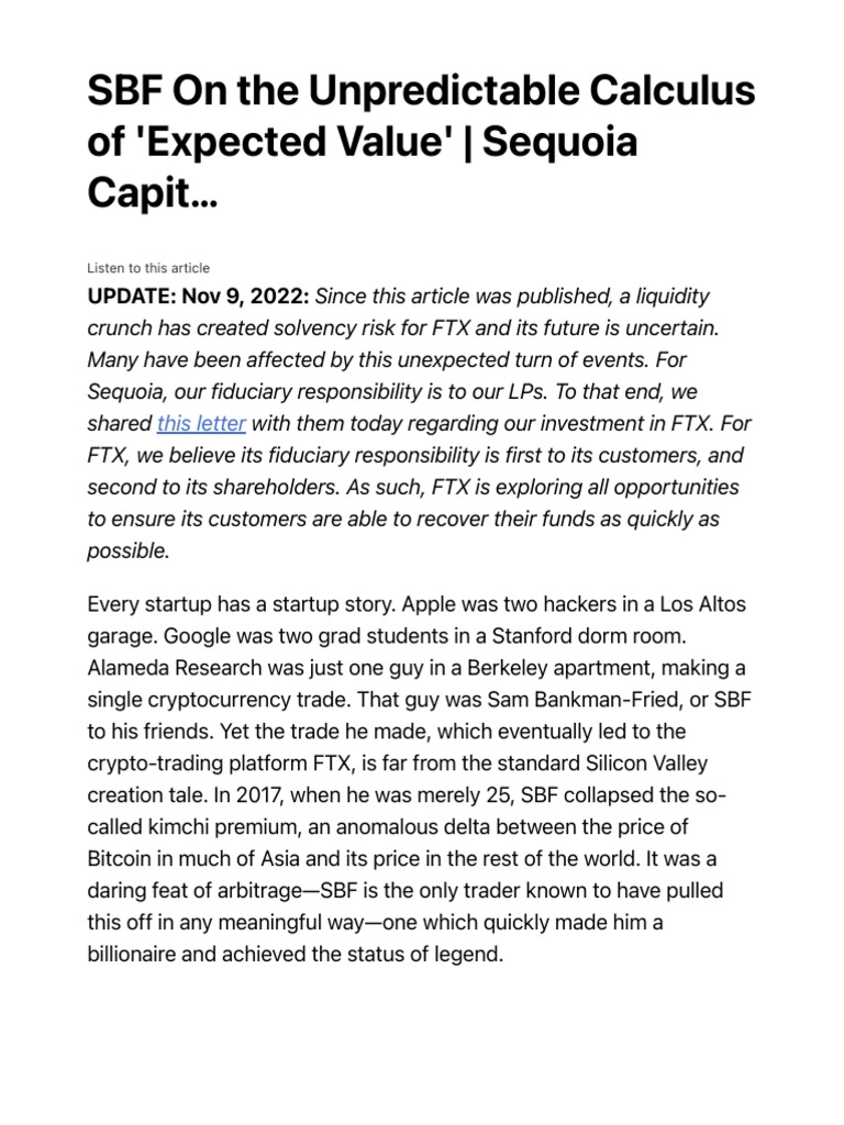 SBF On The Unpredictable Calculus of 'Expected Value' - Sequoia Capital | Download Free PDF ...