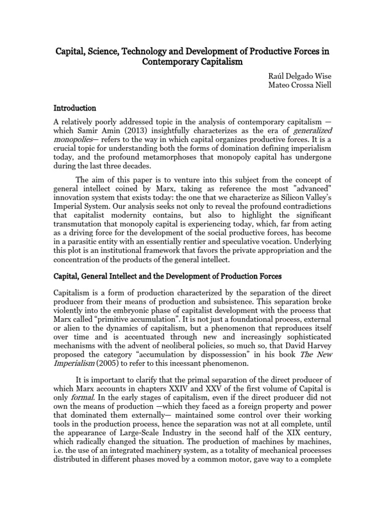 Capital, Science, Technology and Development of Productive Forces in ...