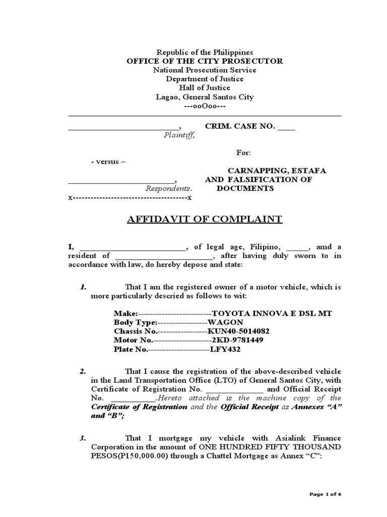 Affidavit Of Complaint Carnapping Pdf Foreclosure Justice