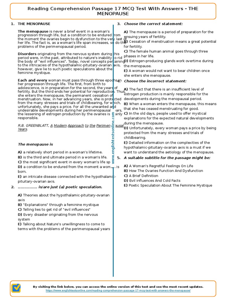 587 - Reading Comprehension Passage 17 MCQ Test With Answers The ...