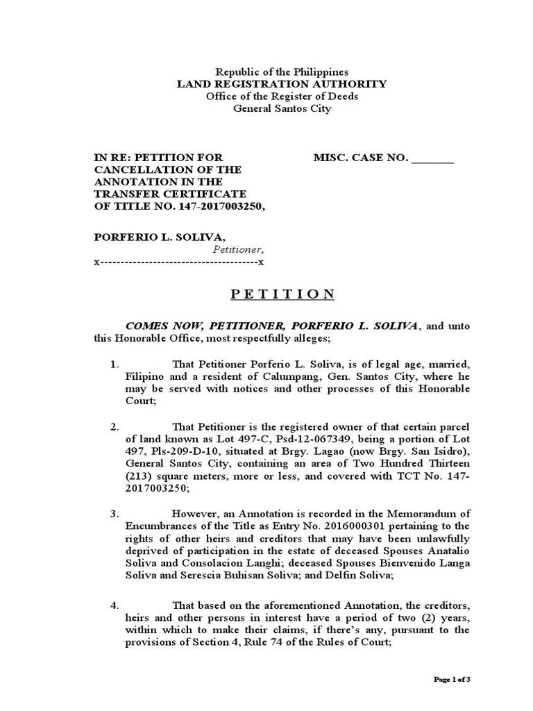 Petition Cancellation Sec 4 Rule 74 | PDF | Affidavit | Justice