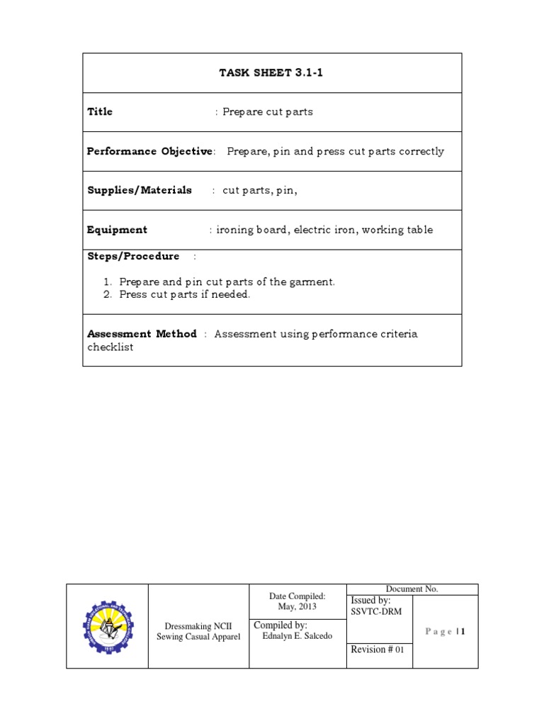 Task Sheet. Prepare Cut Materials | PDF | Clothing | Manufactured Goods
