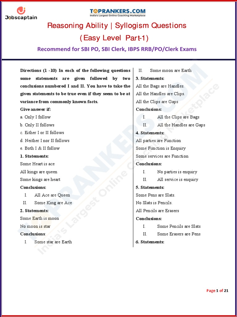 Reasoning Ability | Syllogism Questions (Easy Level Part-1 | PDF