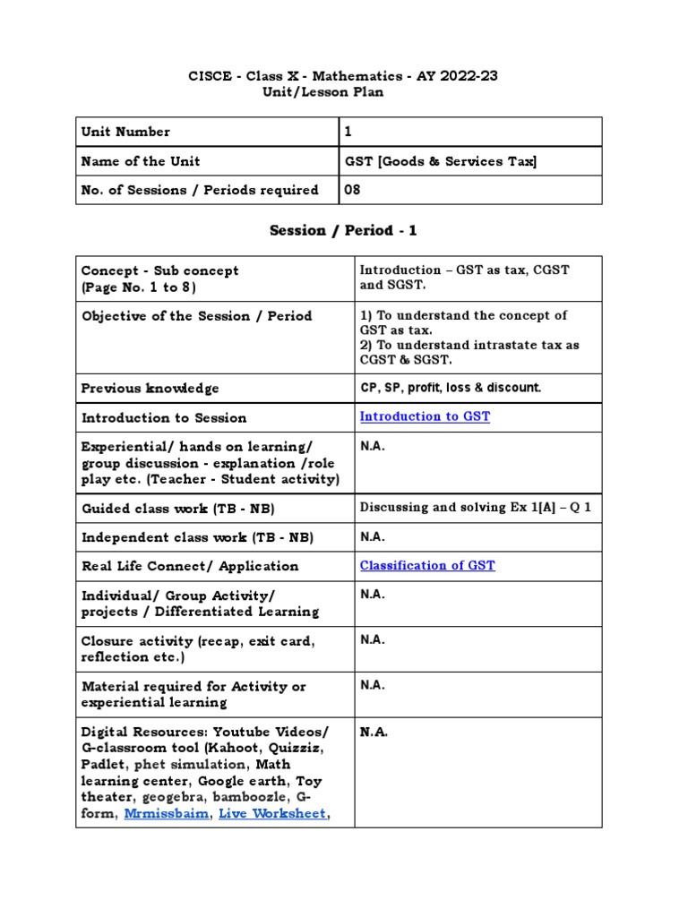 Unit No. 1 - Unit Plan - Class X - Mathematics CISCE (AY 2023-24) | PDF ...