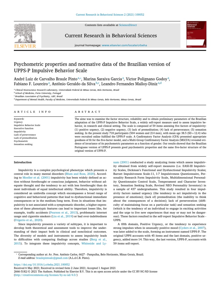 2021 - Psychometric Properties and Normative Data of The Brazilian Version of UPPS-P Impulsive ...