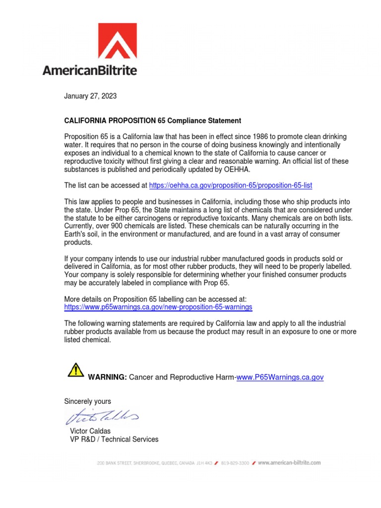 California Prop 65 Letter - Industrial Rubber | PDF
