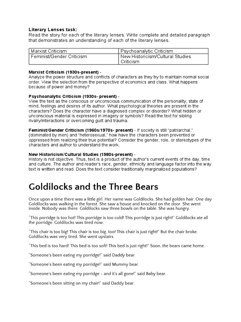 Task Literary Lenses Goldilocks | PDF | Goldilocks And The Three Bears ...