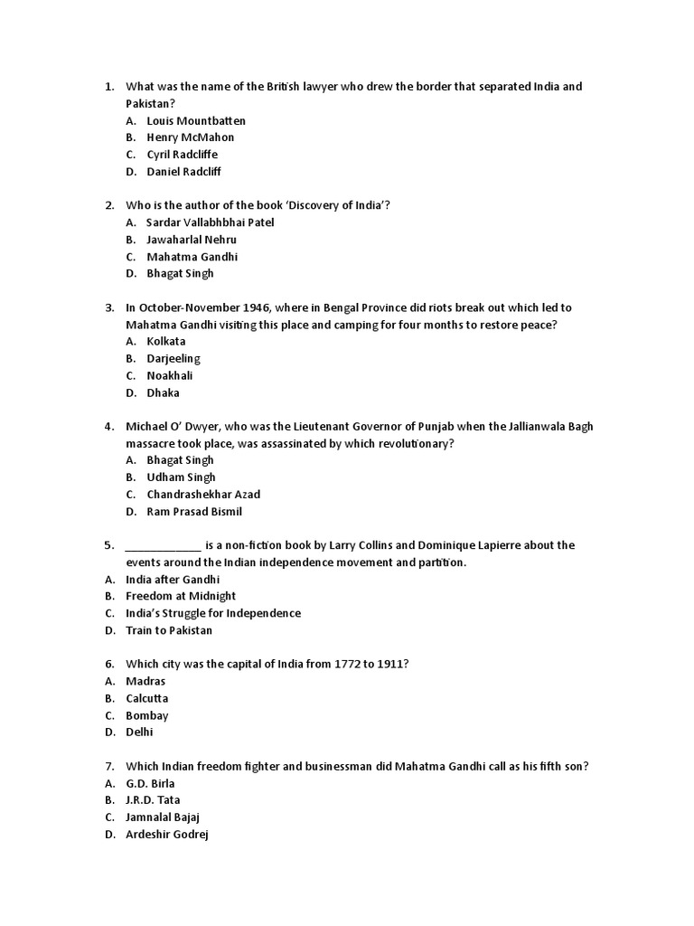 Independence Day Quiz Set | PDF