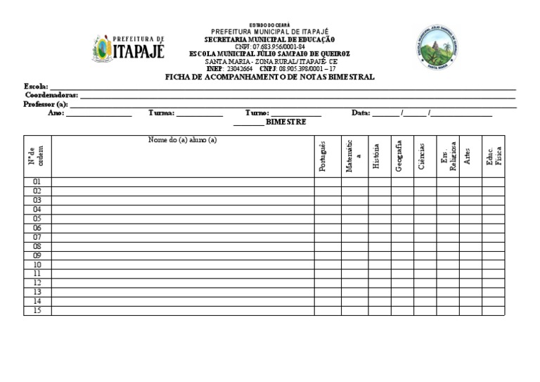 Ficha de Acompanhamento de Notas Bimestral | PDF