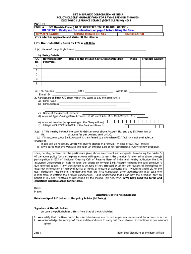 Ecs New Form Lic | Insurance | Cheque