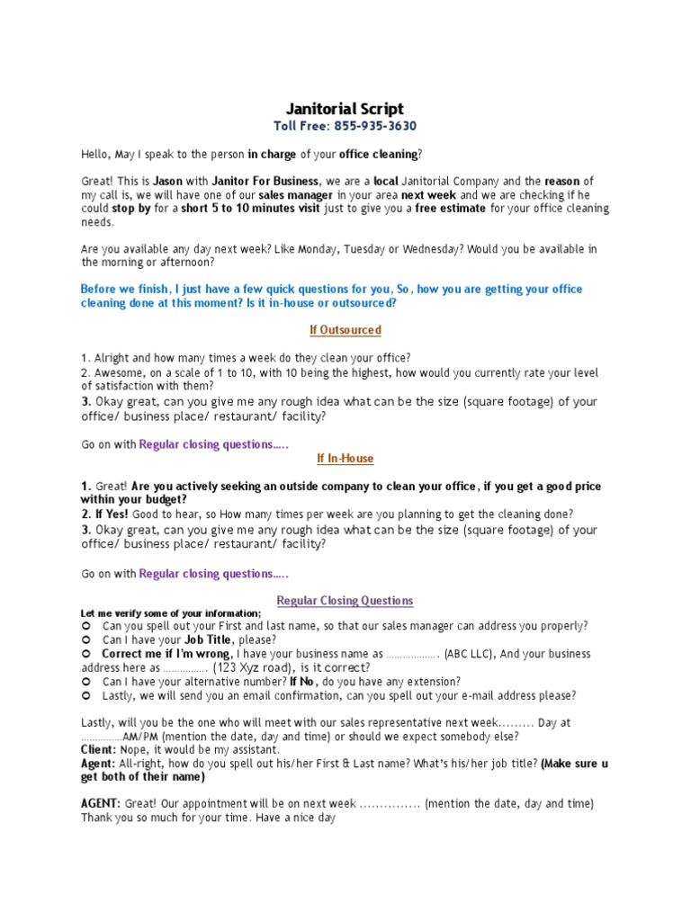 Janitorial Script: Toll Free: 855-935-3630 | PDF | Outsourcing