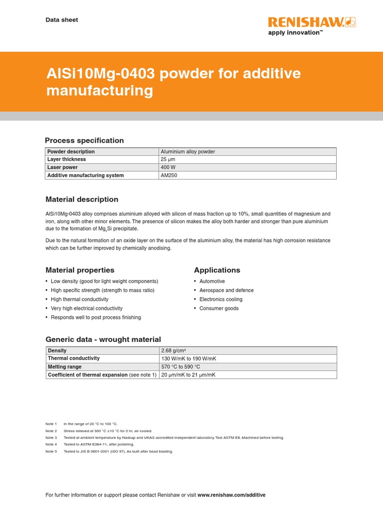 H-5800-1061-01-A AlSi10Mg-0403 400 W Material Data Sheet | PDF | Alloy | Chemistry