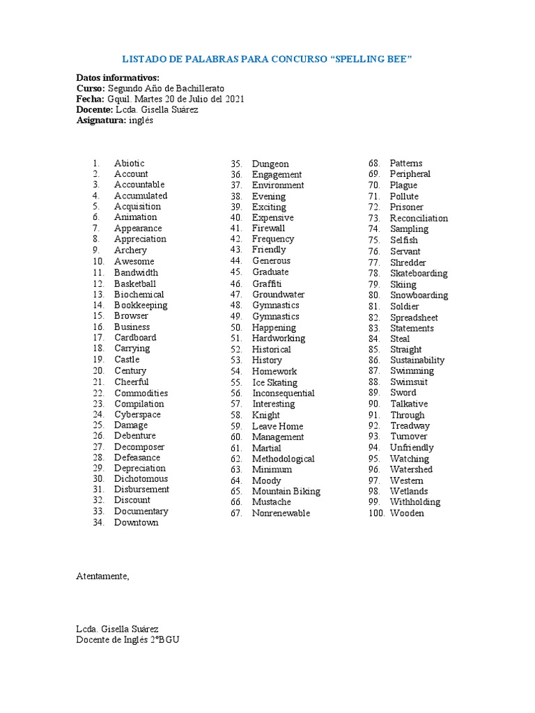 Listado de Palabras para Concurso Spelling Bee | PDF