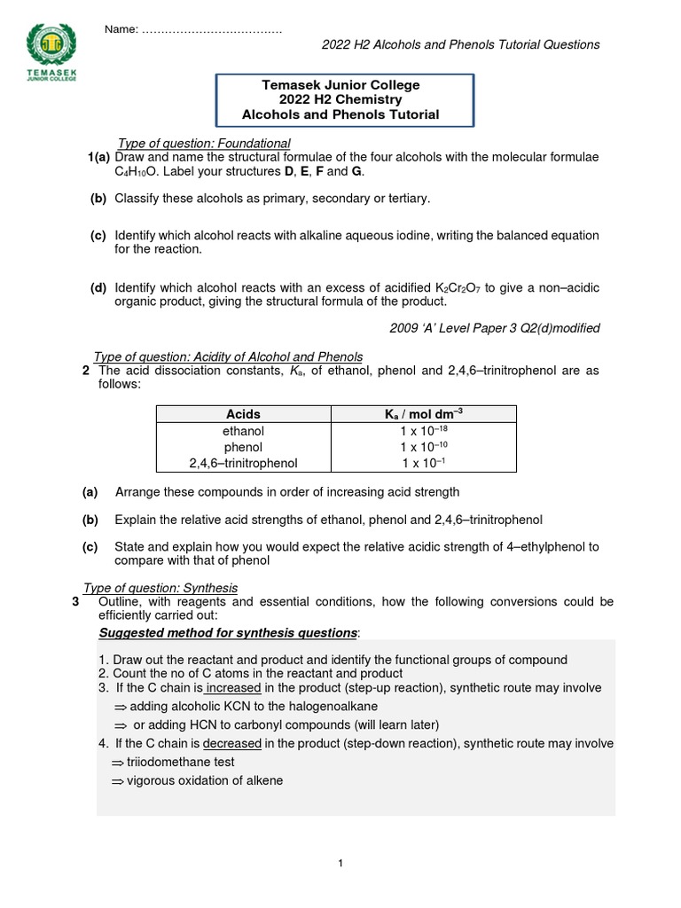 2022 Alcohol and Phenol Tutorial QP | PDF | Chemical Reactions | Acid