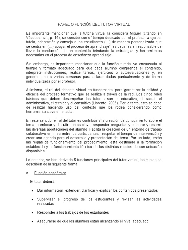Papel o Función Del Tutor Virtual | PDF | Enseñando | Maestros