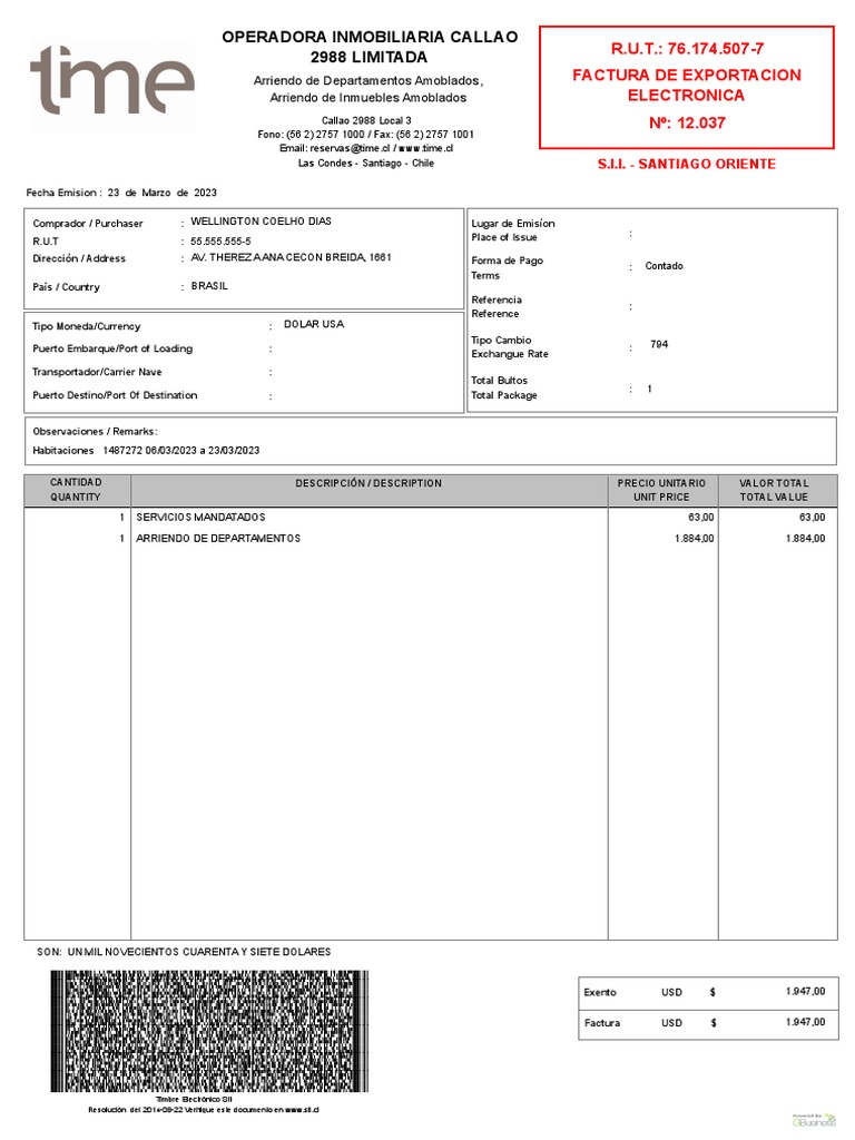 Operadora Inmobiliaria Callao 2988 Limitada: Factura de Exportacion Electronica R.U.T.: 76.174. ...