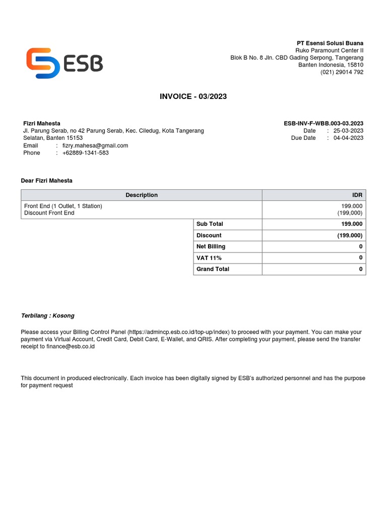 INVOICE - 03/2023: PT Esensi Solusi Buana | Download Free PDF | Payments | Invoice