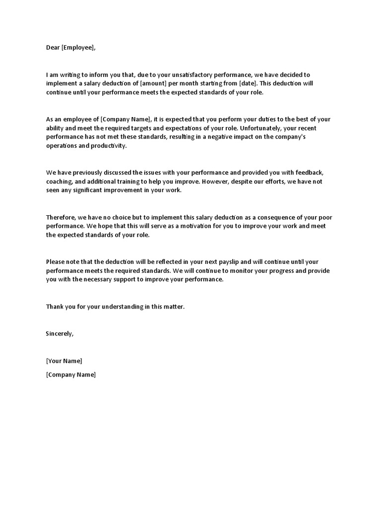 Salary deduction letter template for not performance | PDF