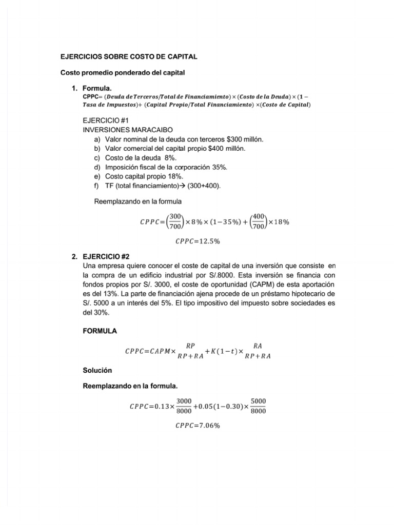 Ejercicios Sobre Costo de Capital Costo Promedio Ponderado Del Capital 1. Formula - PDF | PDF