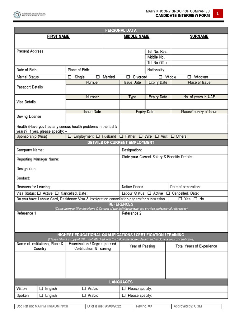 Mahy Khoory Candidate Interview Form | PDF | Travel Visa