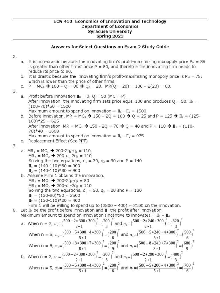 ECN410 S23 Exam2 Study Guide - Ans | PDF | Profit (Economics) | Monopoly