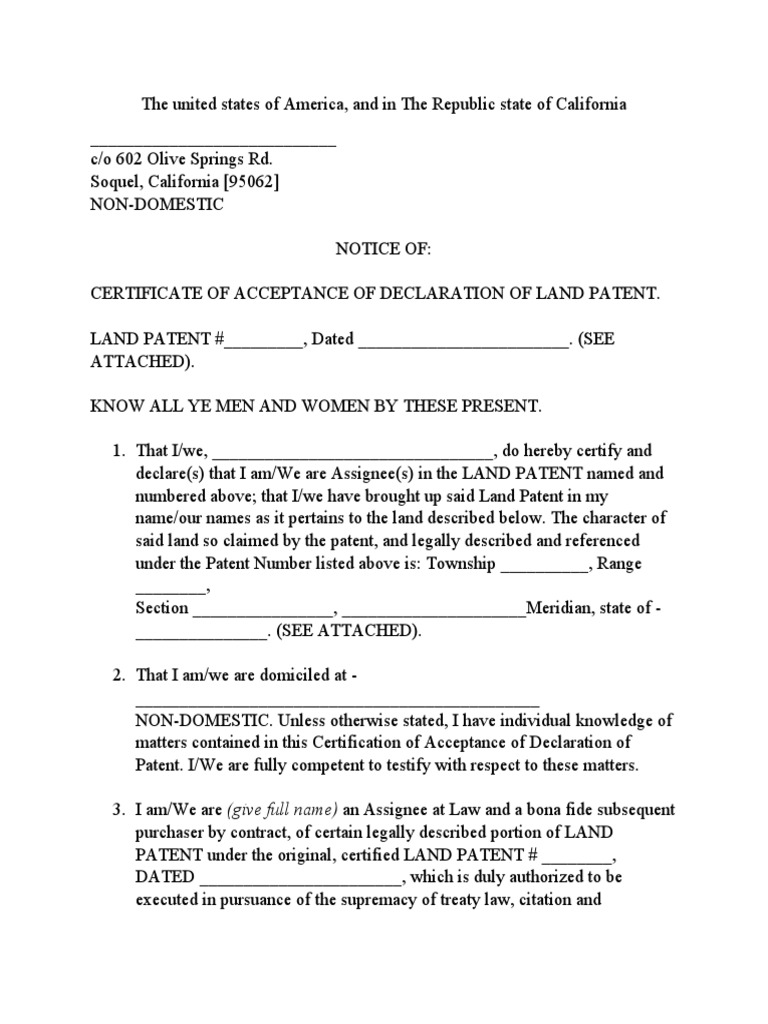Notice of Cert. of Acceptance of Declaration of Land Patent | PDF ...